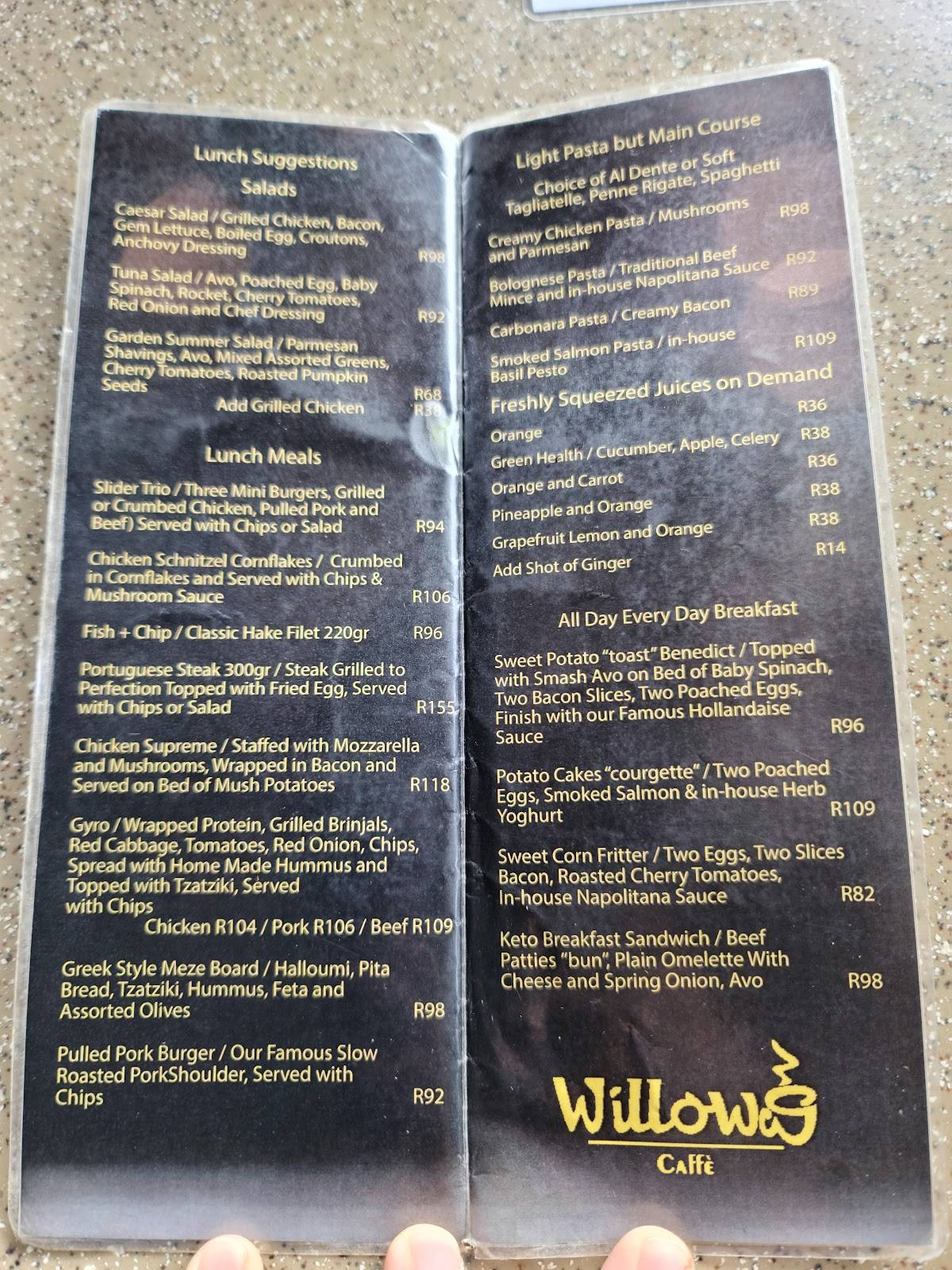 Menu at Willows Caffe cafe, Cape Town, Shop G2