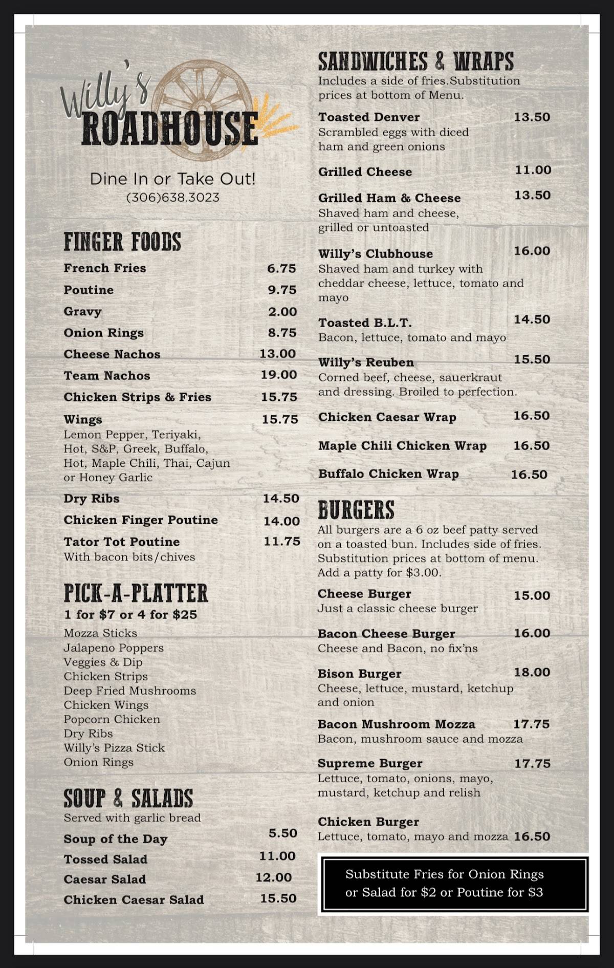 Menu at Willy's Roadhouse pub & bar, Bethune