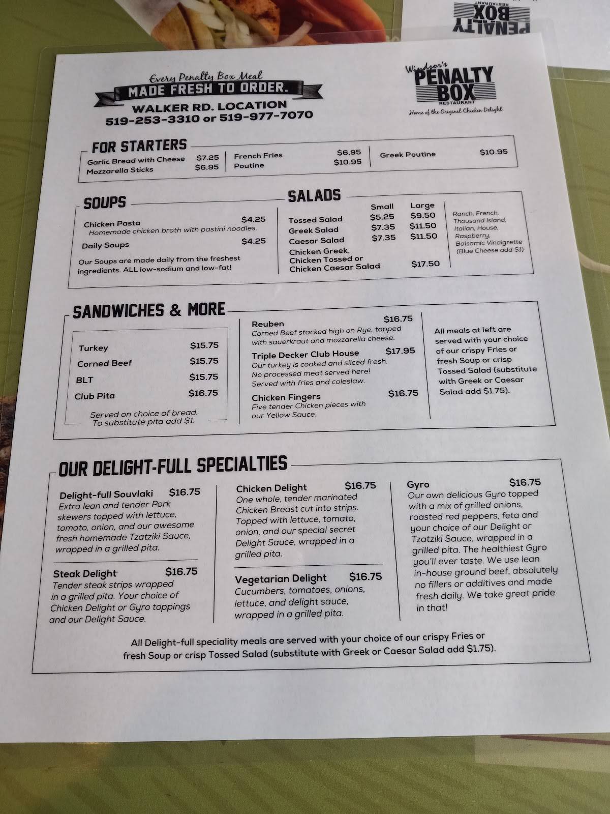 Menu at Windsor's Penalty Box Restaurant, Windsor