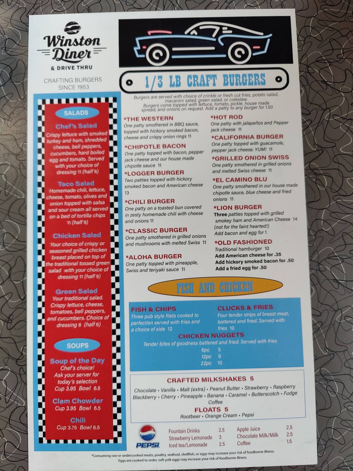 Menu at Winston Diner & Drive-thru pub & bar, Winston