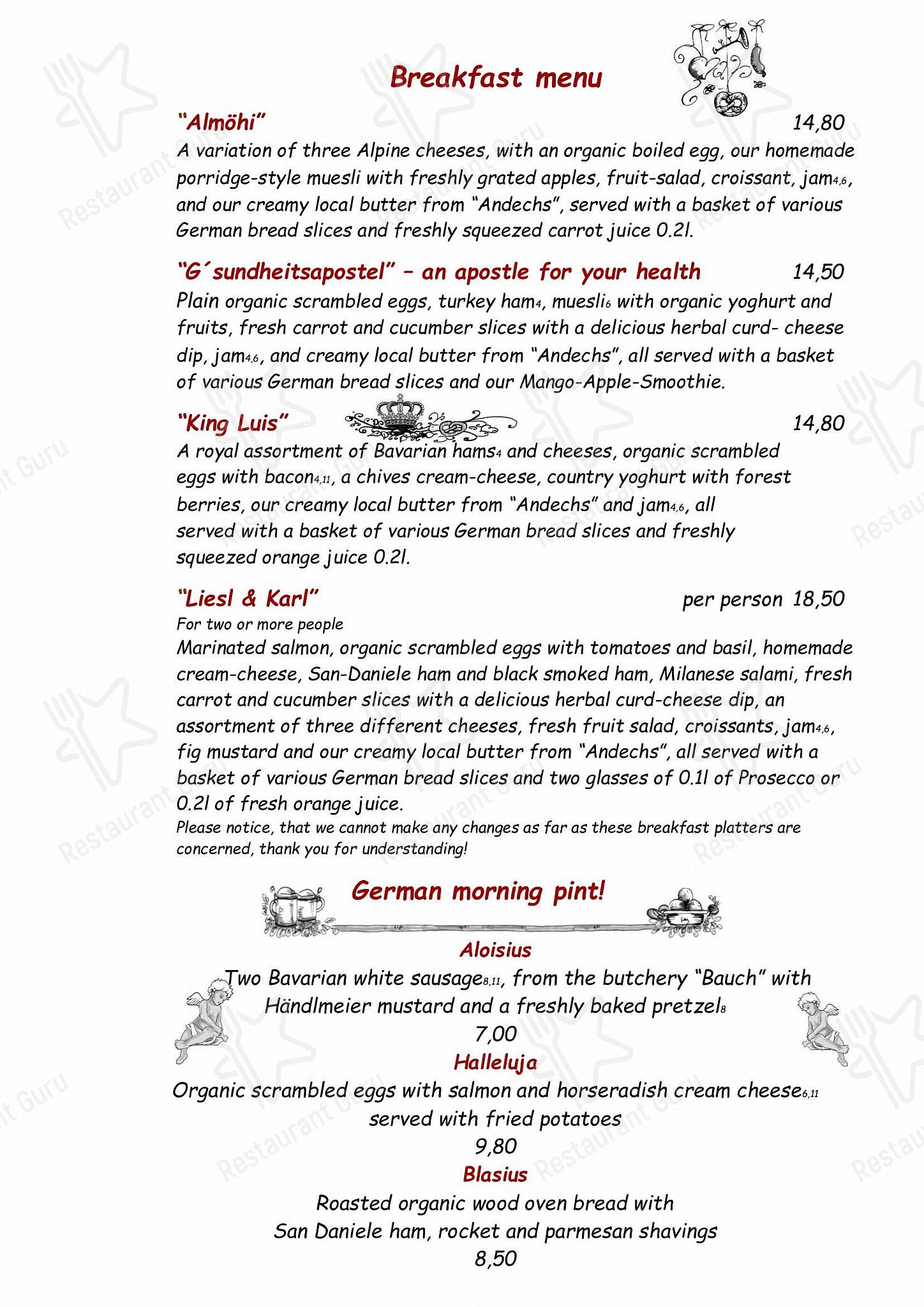 Menu at Wirtshaus in der Au restaurant, Munich