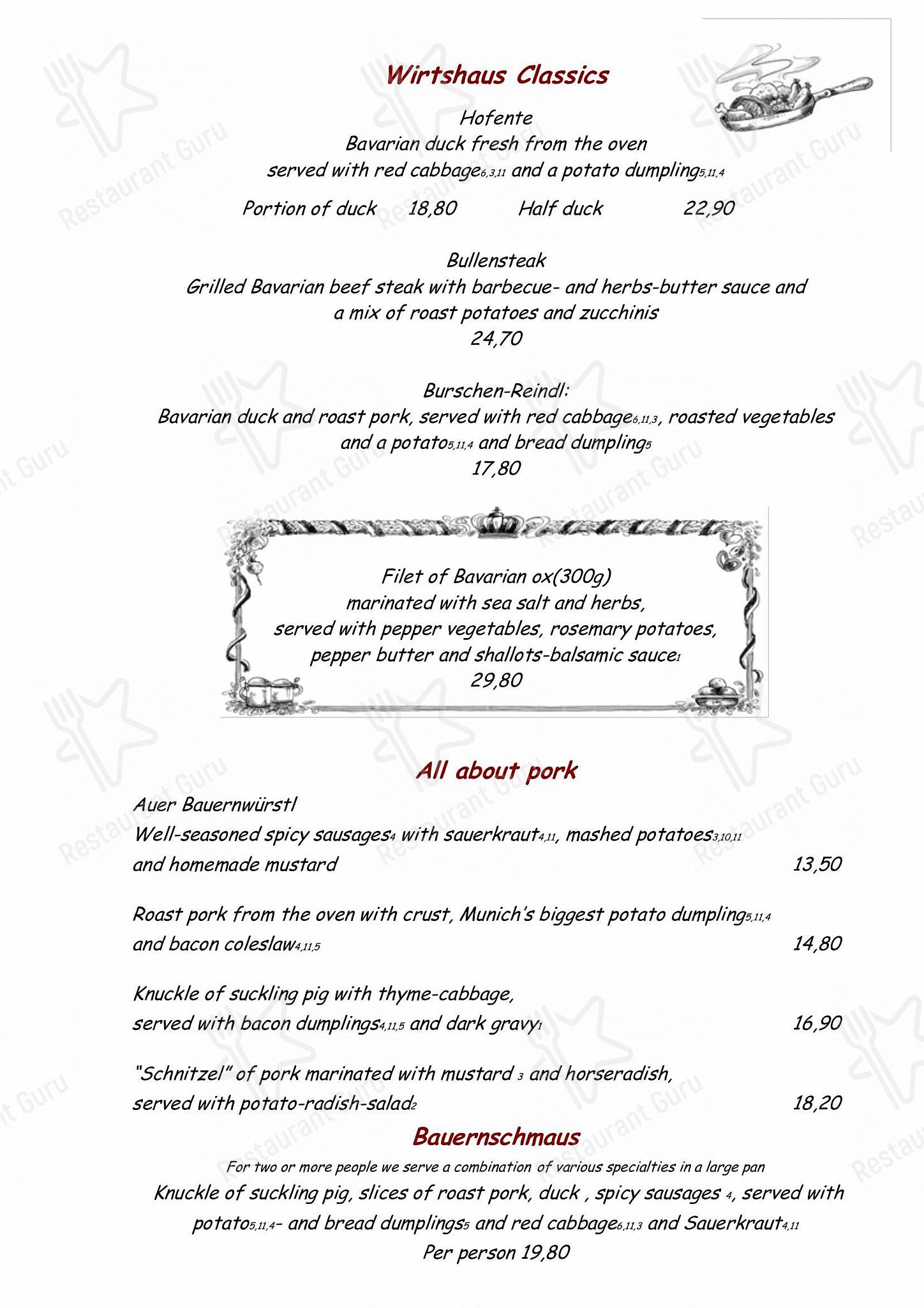 Menu at Wirtshaus in der Au restaurant, Munich