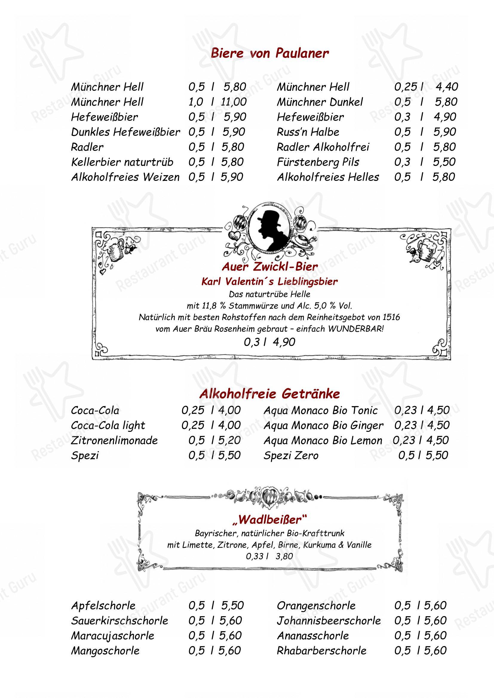 Menu at Wirtshaus in der Au restaurant, Munich