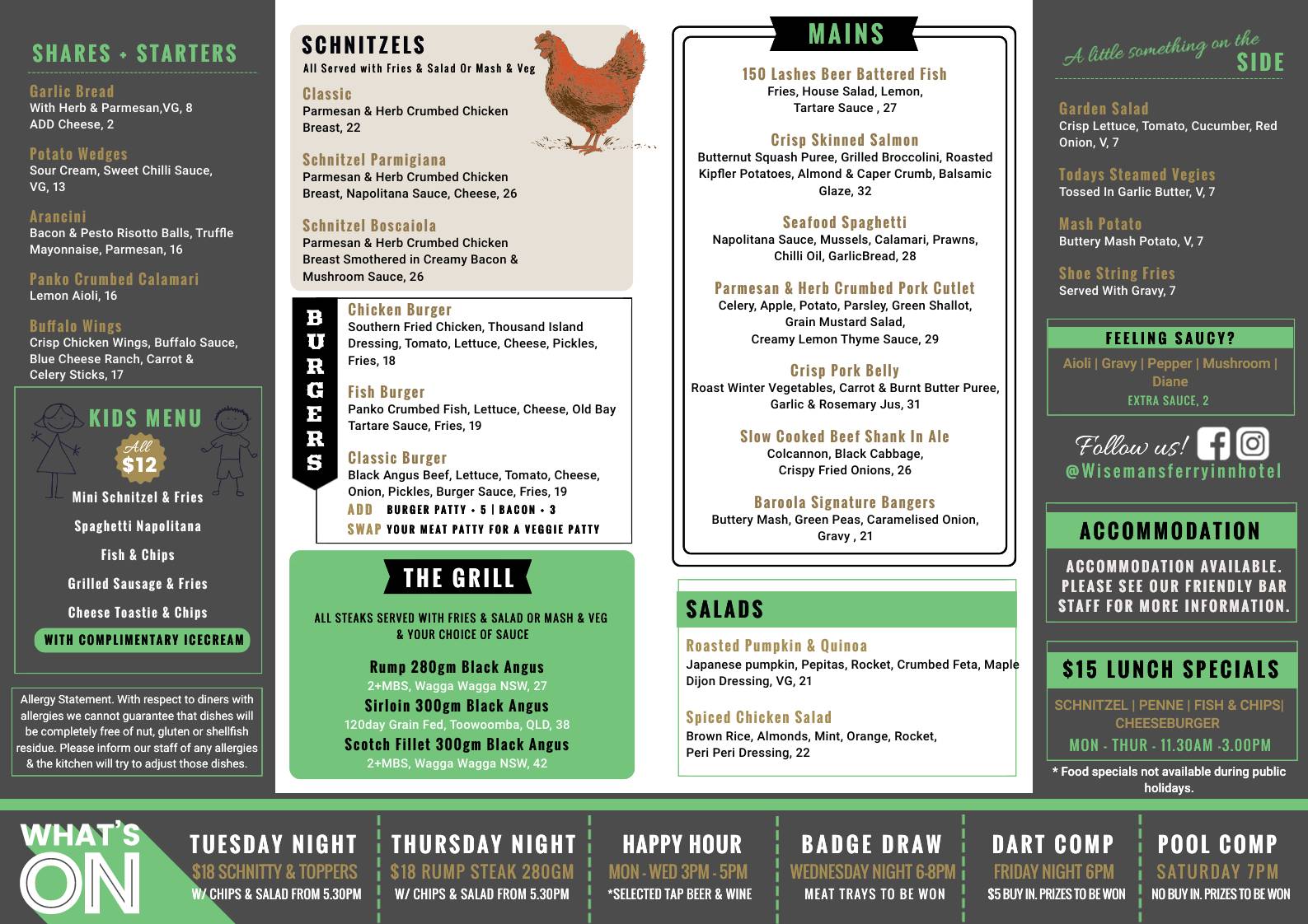 Menu at Wisemans Inn Hotel pub & bar, Wisemans Ferry