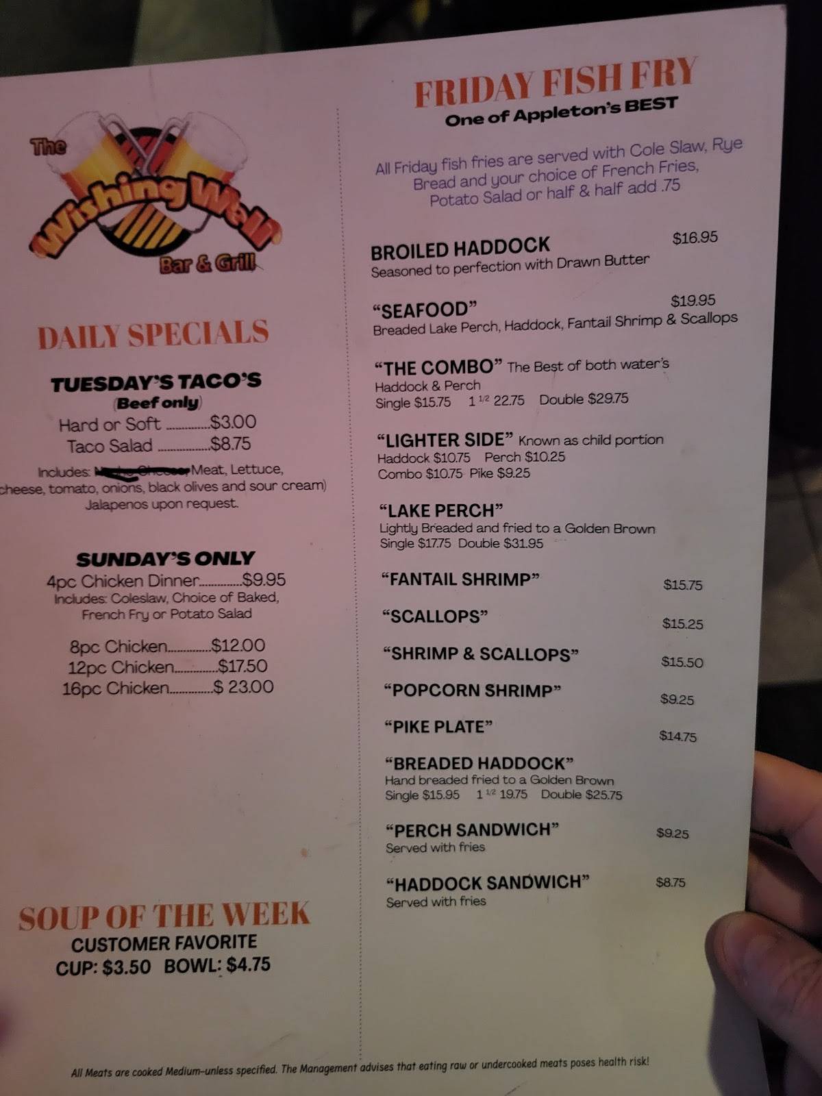 Menu at Wishing Well pub & bar, Appleton