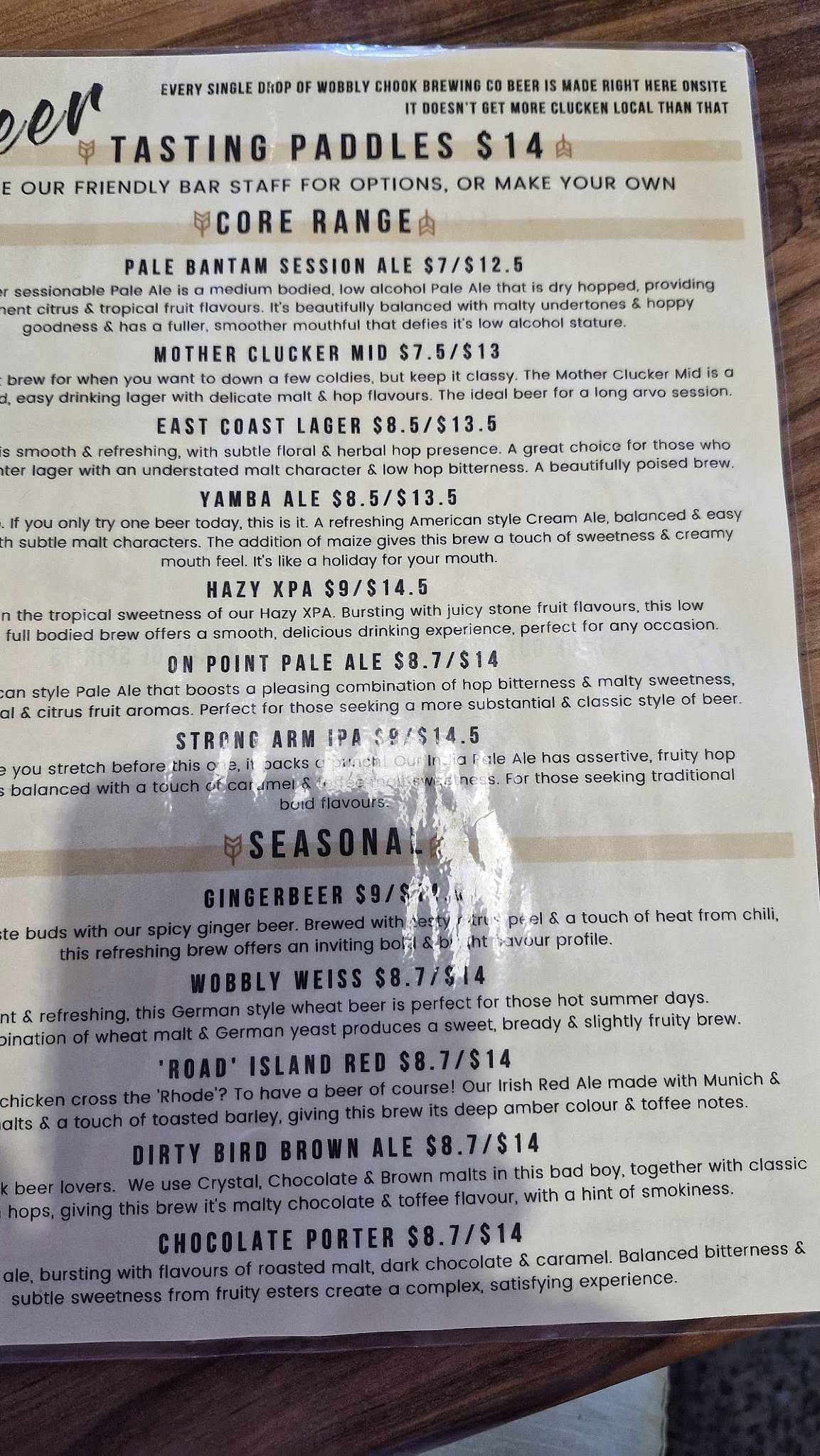 Menu at Wobbly Chook Brewing Co pub & bar, Yamba