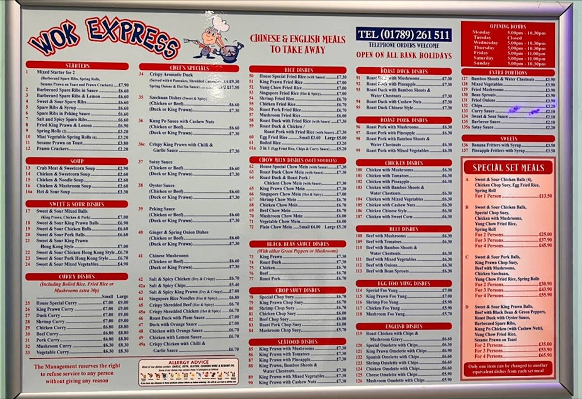 Menu at Wok Express fast food, Stratford-upon-Avon