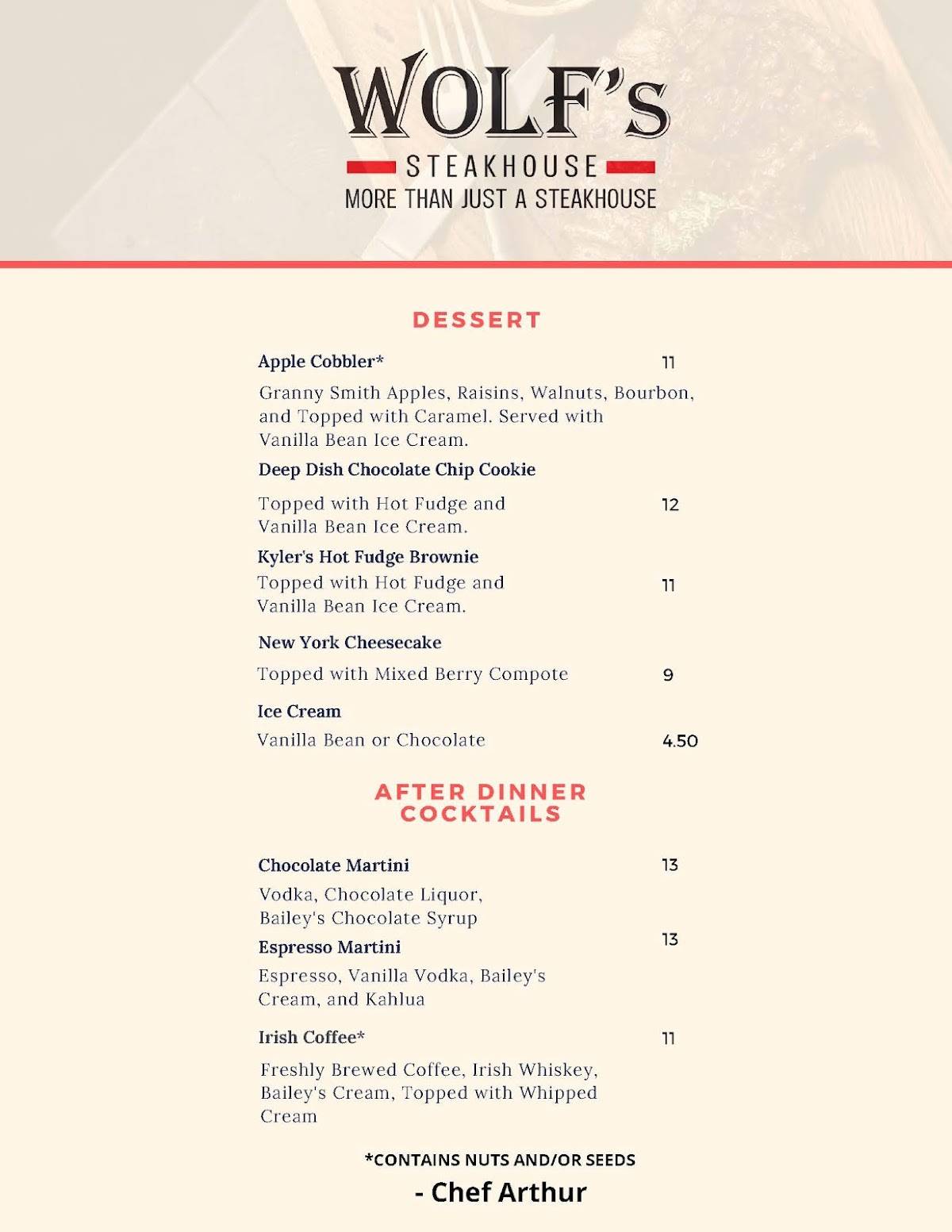 Menu at Wolf's Steakhouse, Cooper City, Stirling Rd