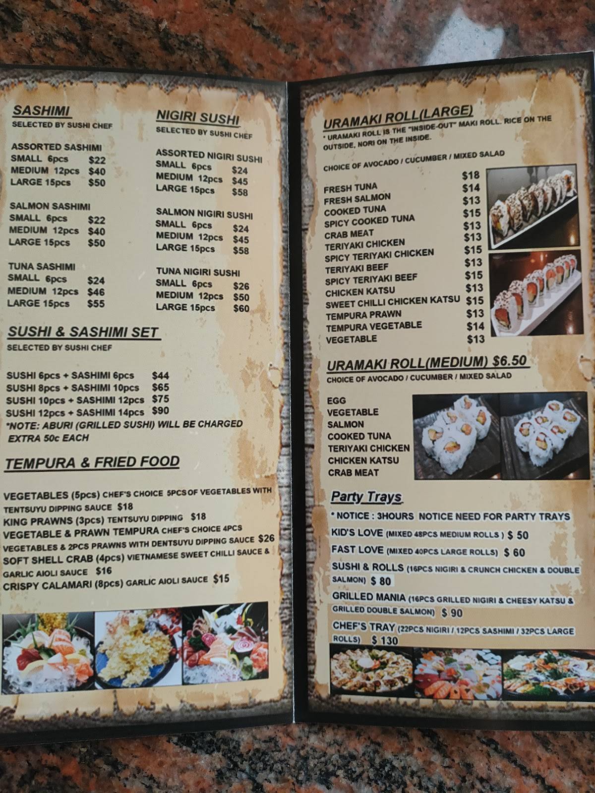 Menu at Toro Robata Sushi restaurant, Wollongong