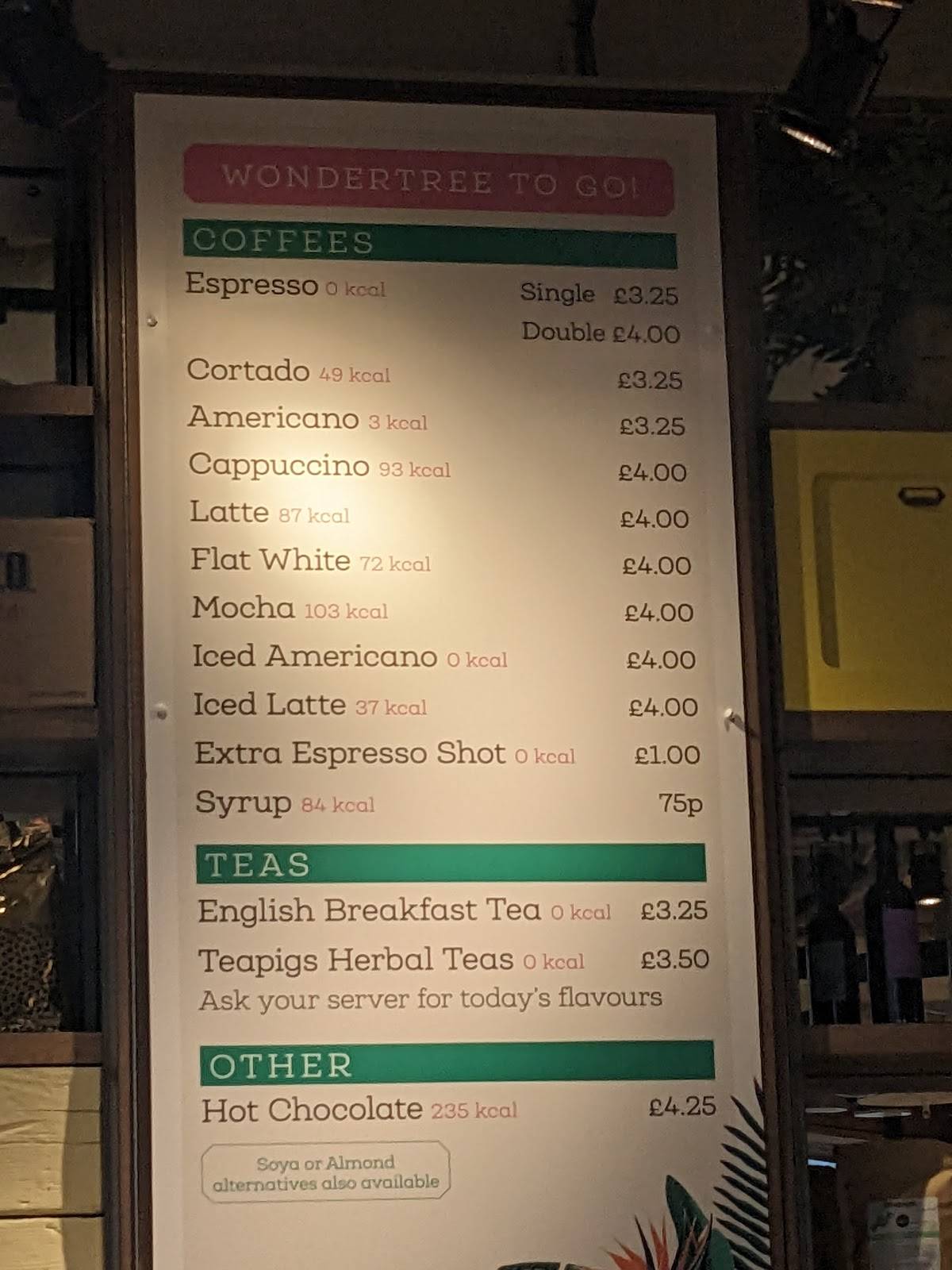 Menu at Wondertree cafe, Hounslow, Heathrow Airport