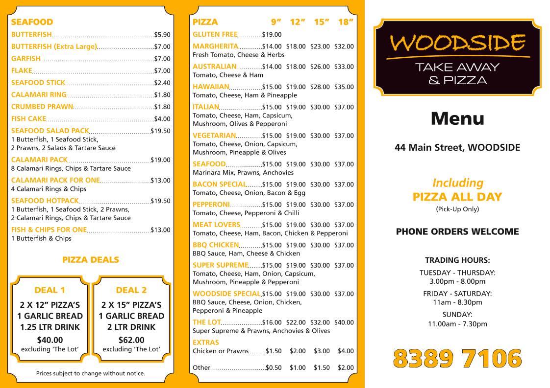 Menu at Woodside Takeaway and Pizza fast food, Woodside