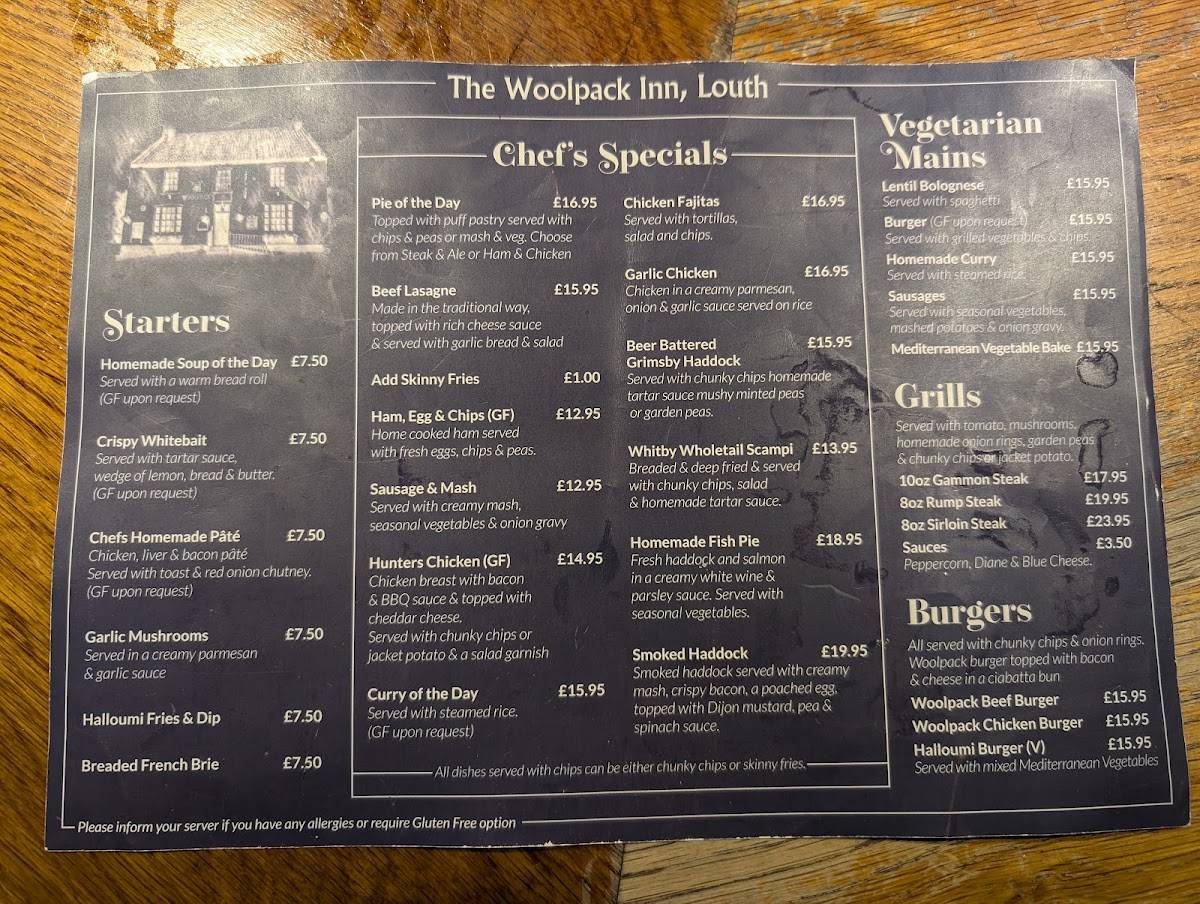 Menu at Woolpack Inn pub & bar, Louth