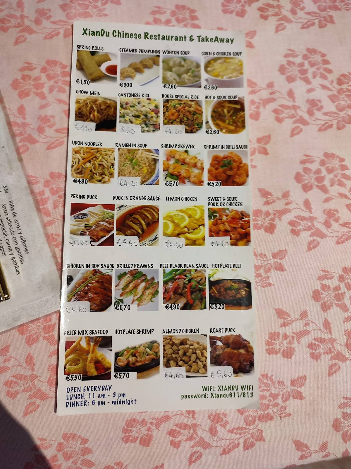 Menu da Xian Du ristorante, Roma