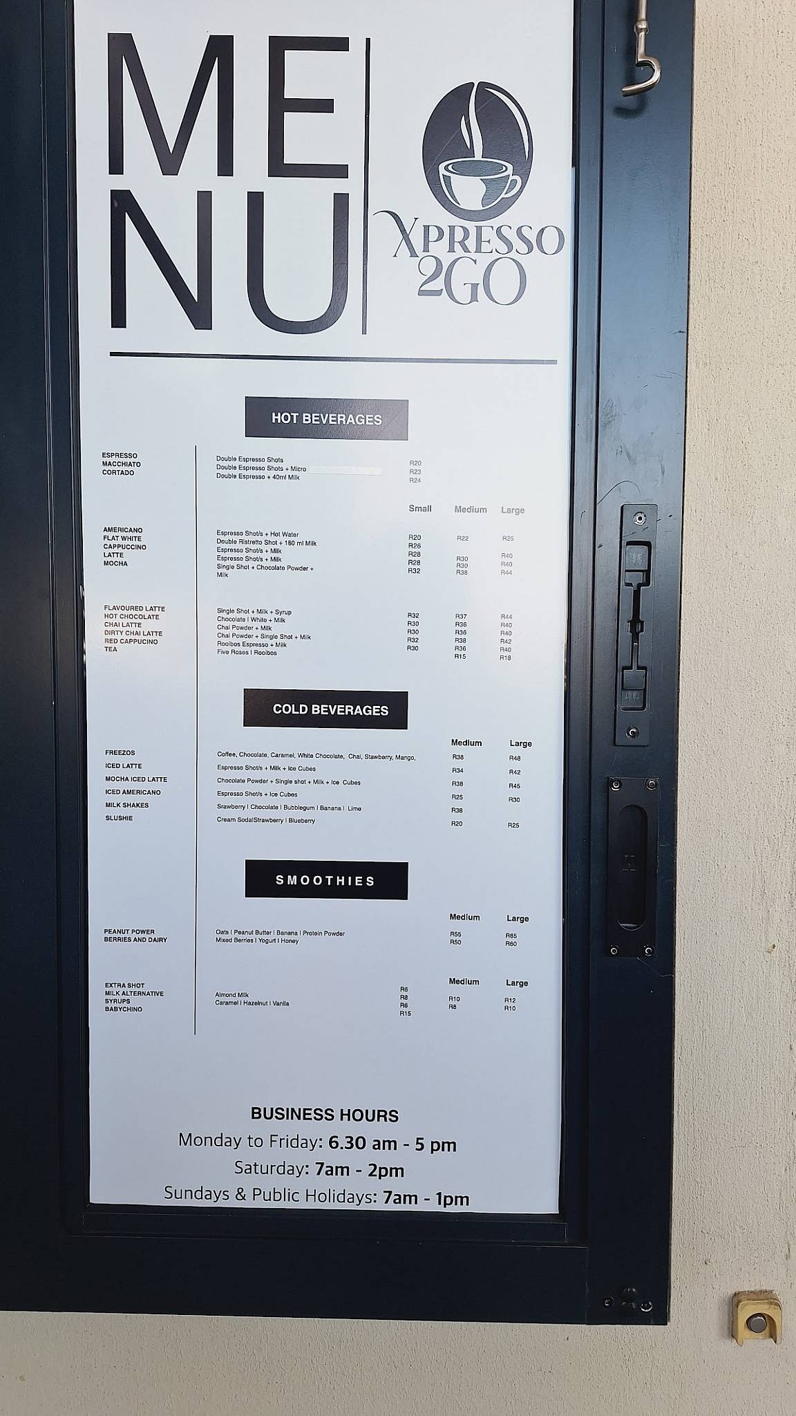 Menu at Xpresso2go, Pretoria