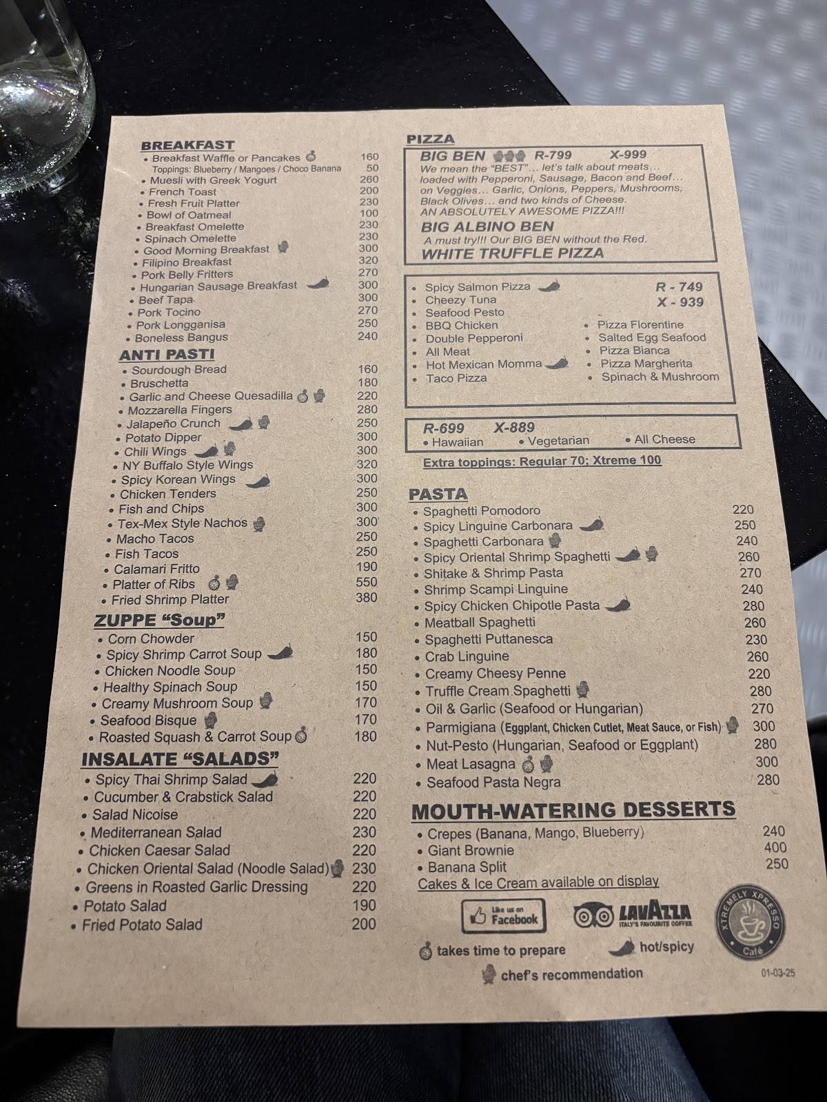 Menu at Xtremely Xpresso Cafe - Baguio City, Baguio