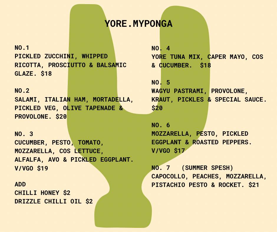 Menu at YORE cafe, Myponga