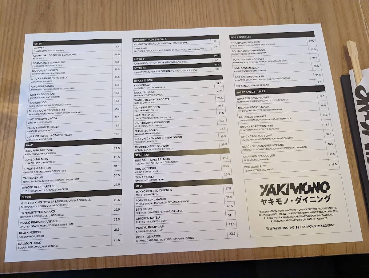 Menu at Yakimono restaurant, Melbourne