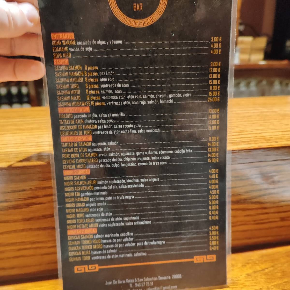 Carta del restaurante Yaku Nikkei, San Sebastián
