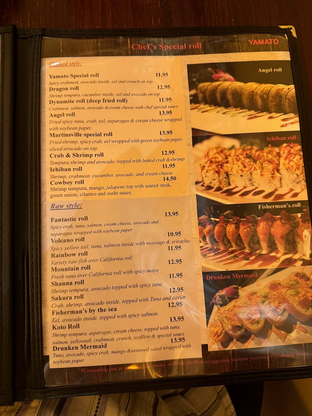 Menu at Yamato Japanese Restaurant, Martinsville