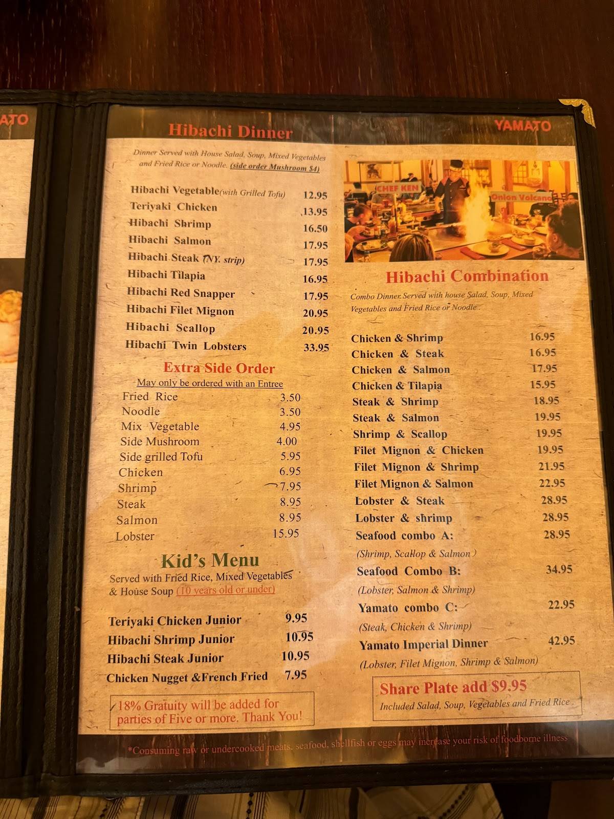 Menu at Yamato Japanese Restaurant, Martinsville