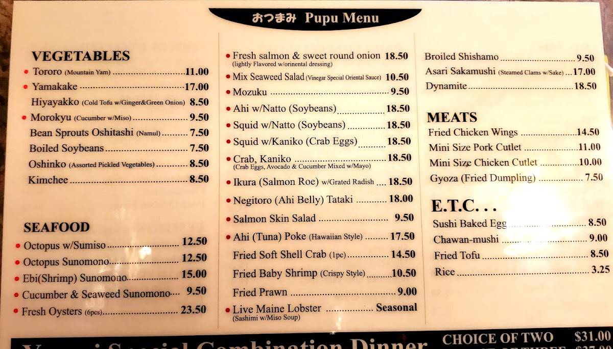 Menu at Yanagi Sushi restaurant, Honolulu