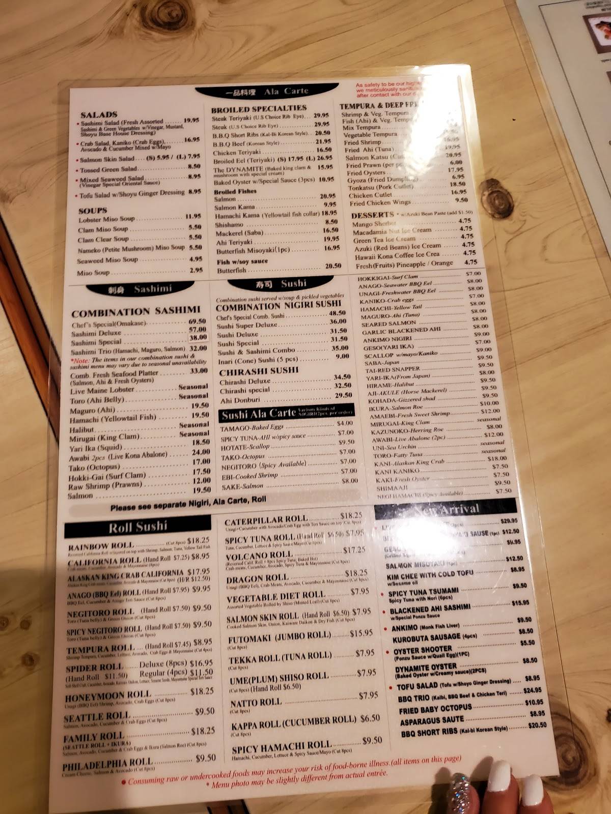 Menu at Yanagi Sushi restaurant, Honolulu