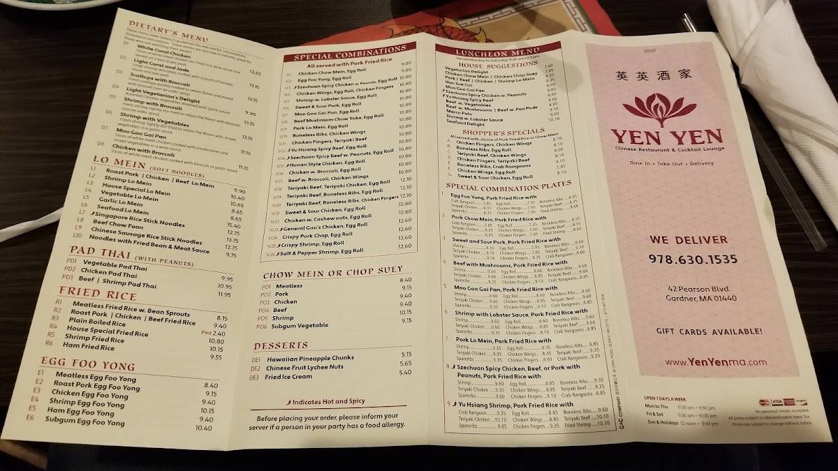Menu at Yen Yen Chinese Restaurant, Gardner