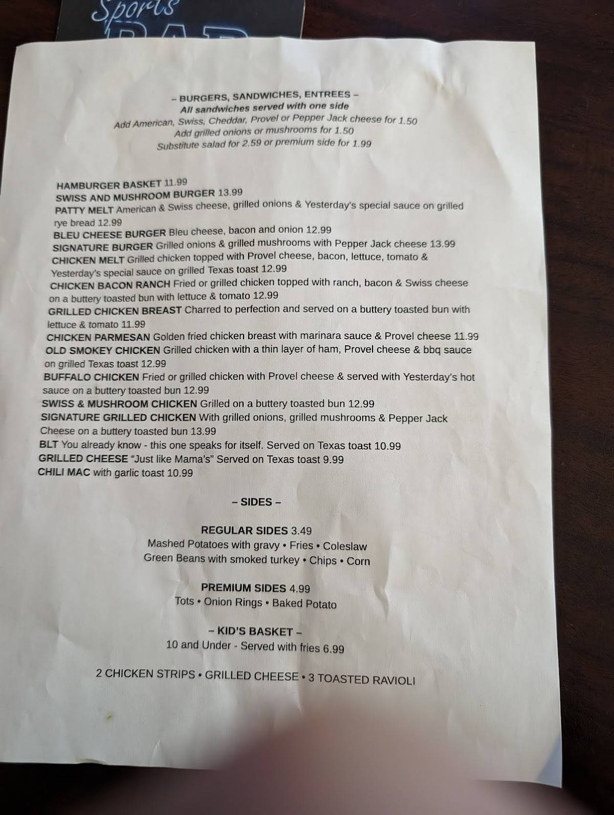Menu at Yesterday's Bar & Grill, Woodson Terrace