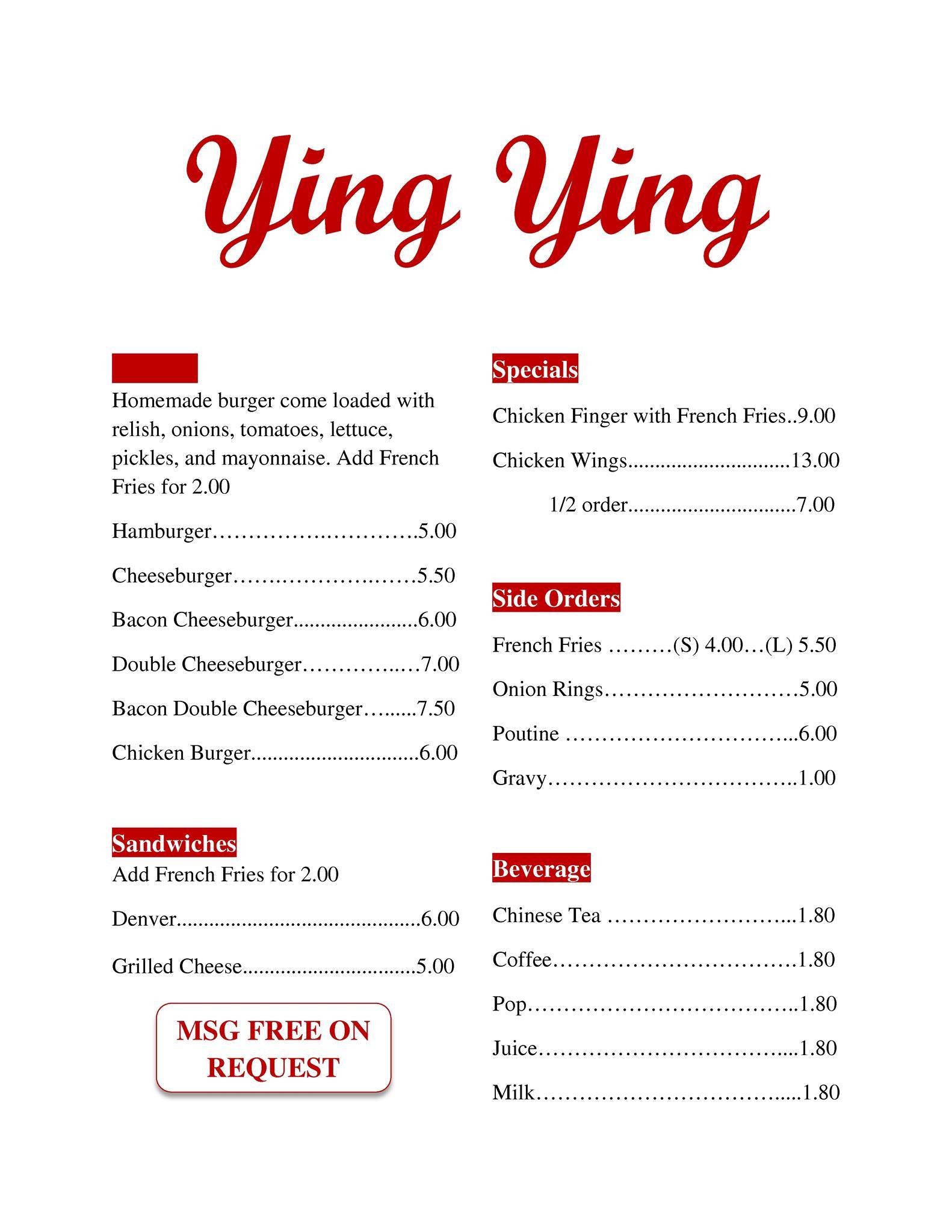 Menu at Ying Ying Chinese Food restaurant, Headingley, 146 Bridge Rd