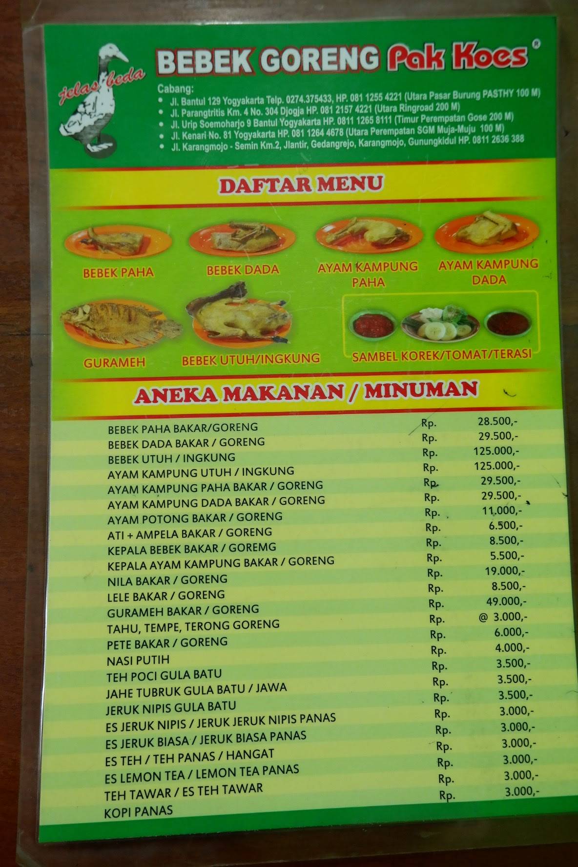 Carta del restaurante Bebek Goreng Pak Koes Gunungkidul, Bantul, Jl. Bantul No.129