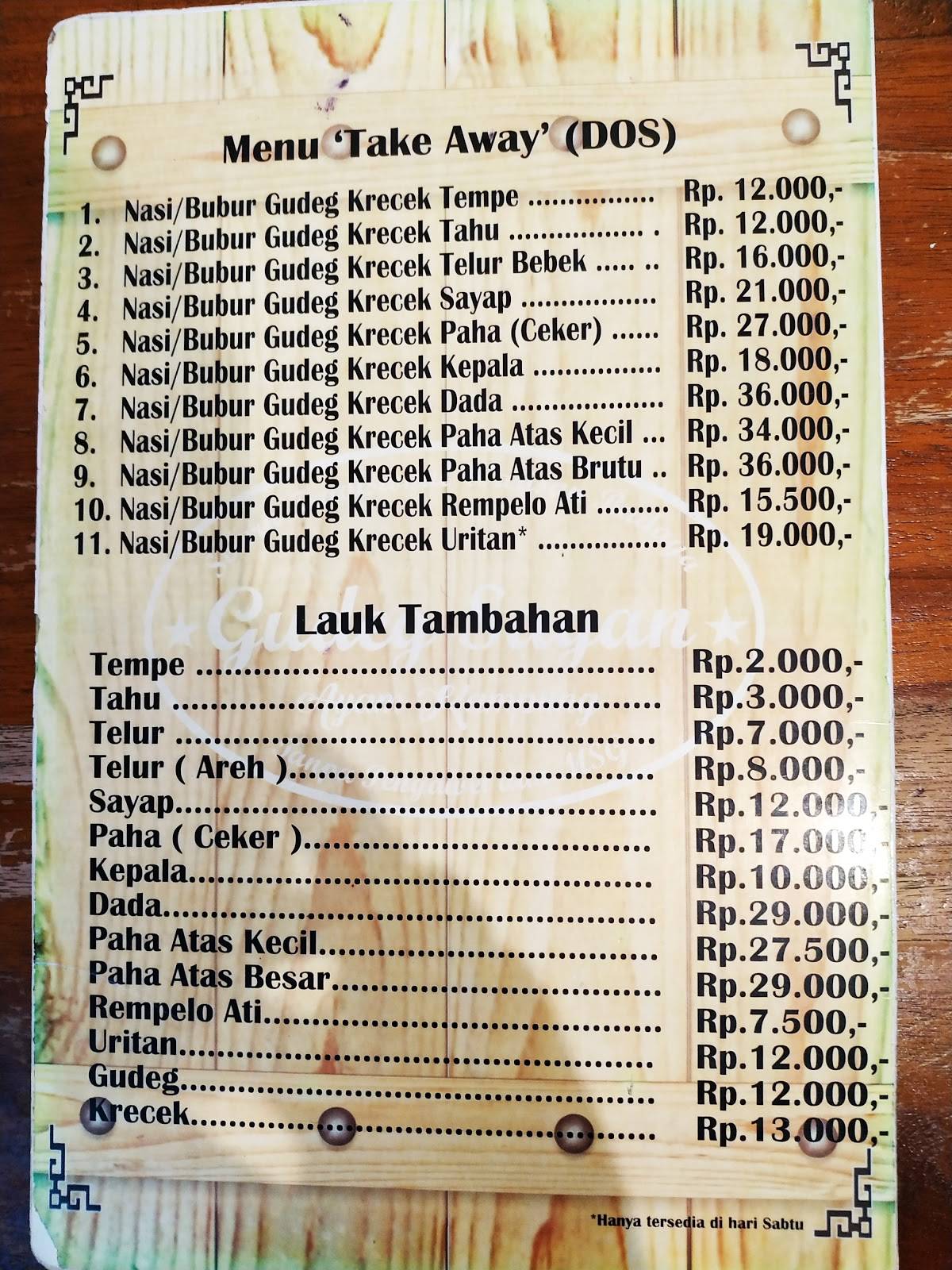 Menu at Gudeg Sagan restaurant, Sendangadi, JL Prof. Dr Jl. Prof ...