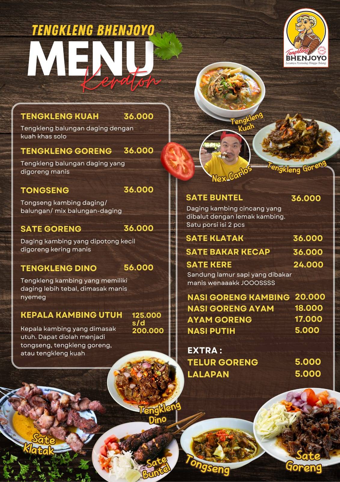 Menu at Tengkleng Bhenjoyo, Keraton restaurant, Yogyakarta