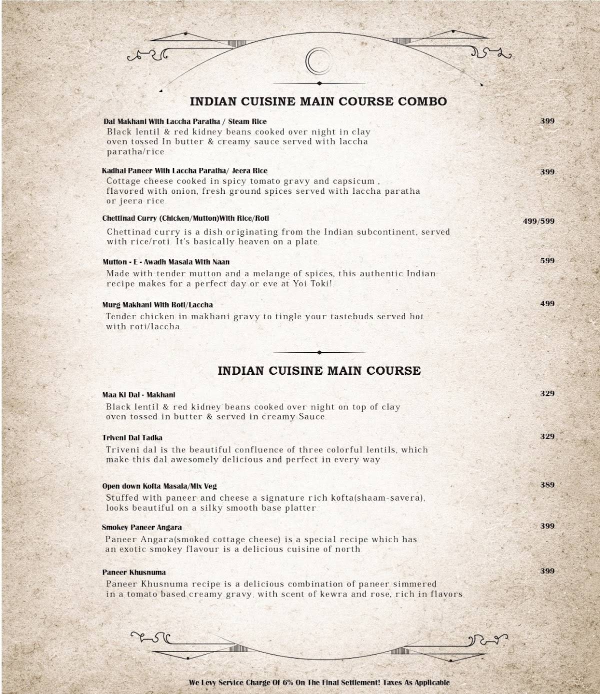 Menu at Yoi Toki, Indore