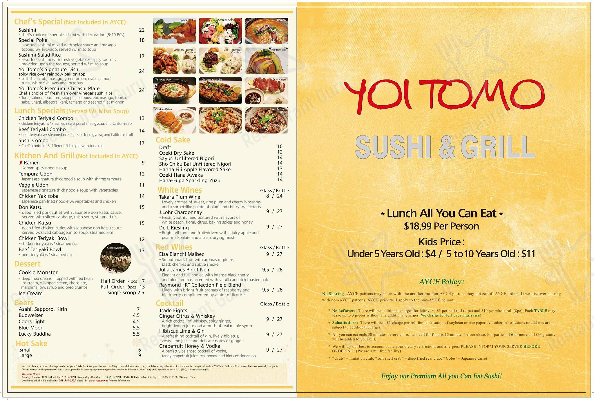 Menu at Yoi Tomo Sushi and Grill restaurant, Boise