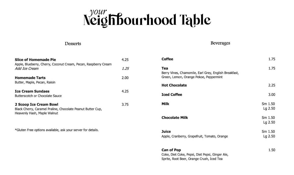Menu at Your Neighbourhood Table restaurant, Canada, Side Rd 15 RR#3