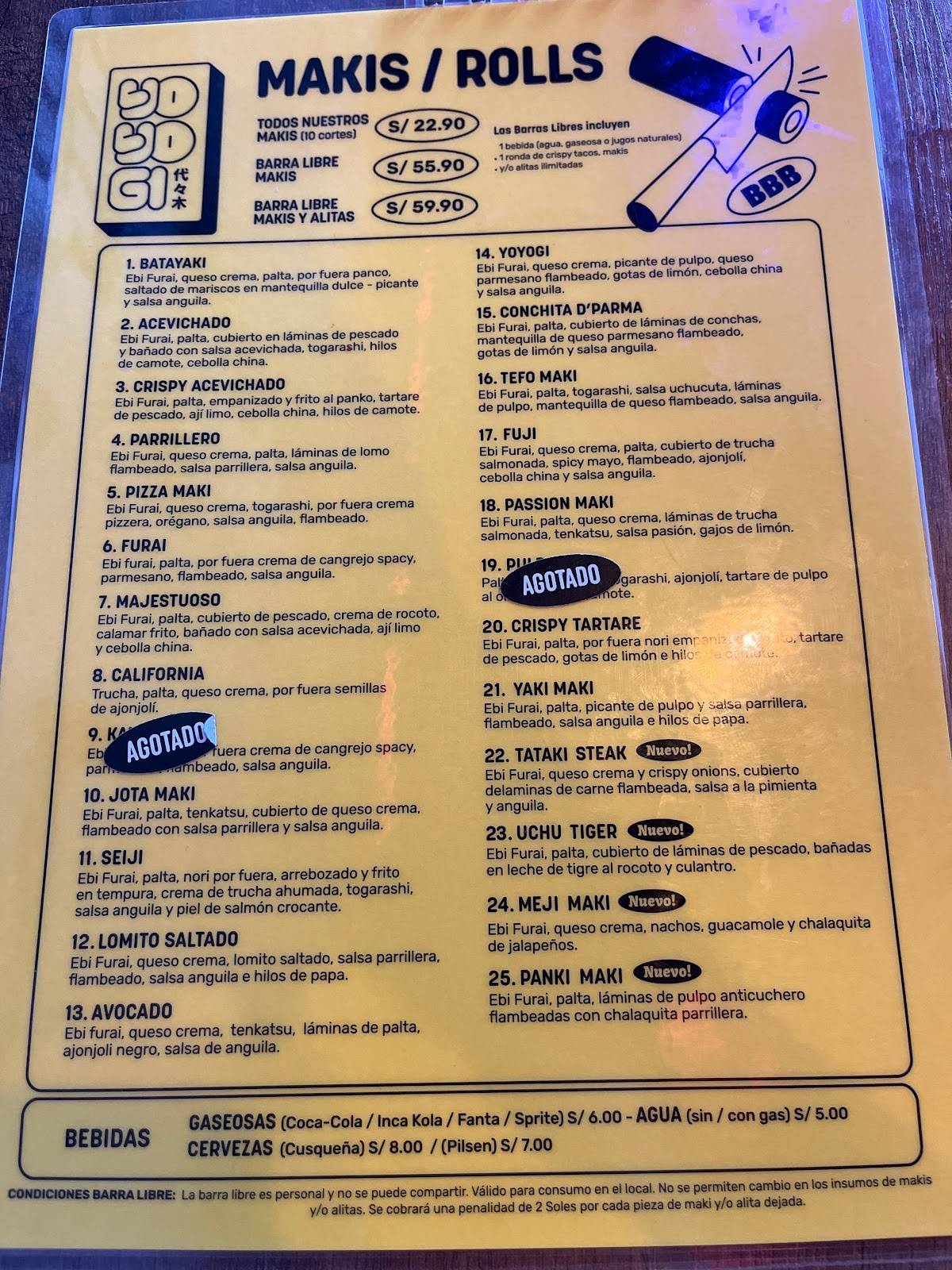 Menu at Yoyogi restaurant, San Borja
