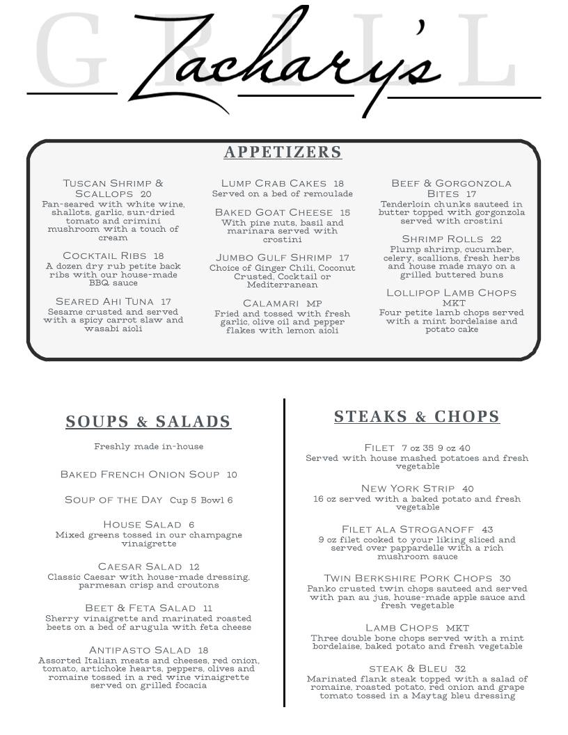 Menu at Zachary's Grill pub & bar, Palos Heights