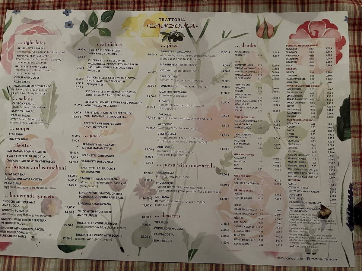 Menu at Canzona - Trattoria restaurant, Zagreb
