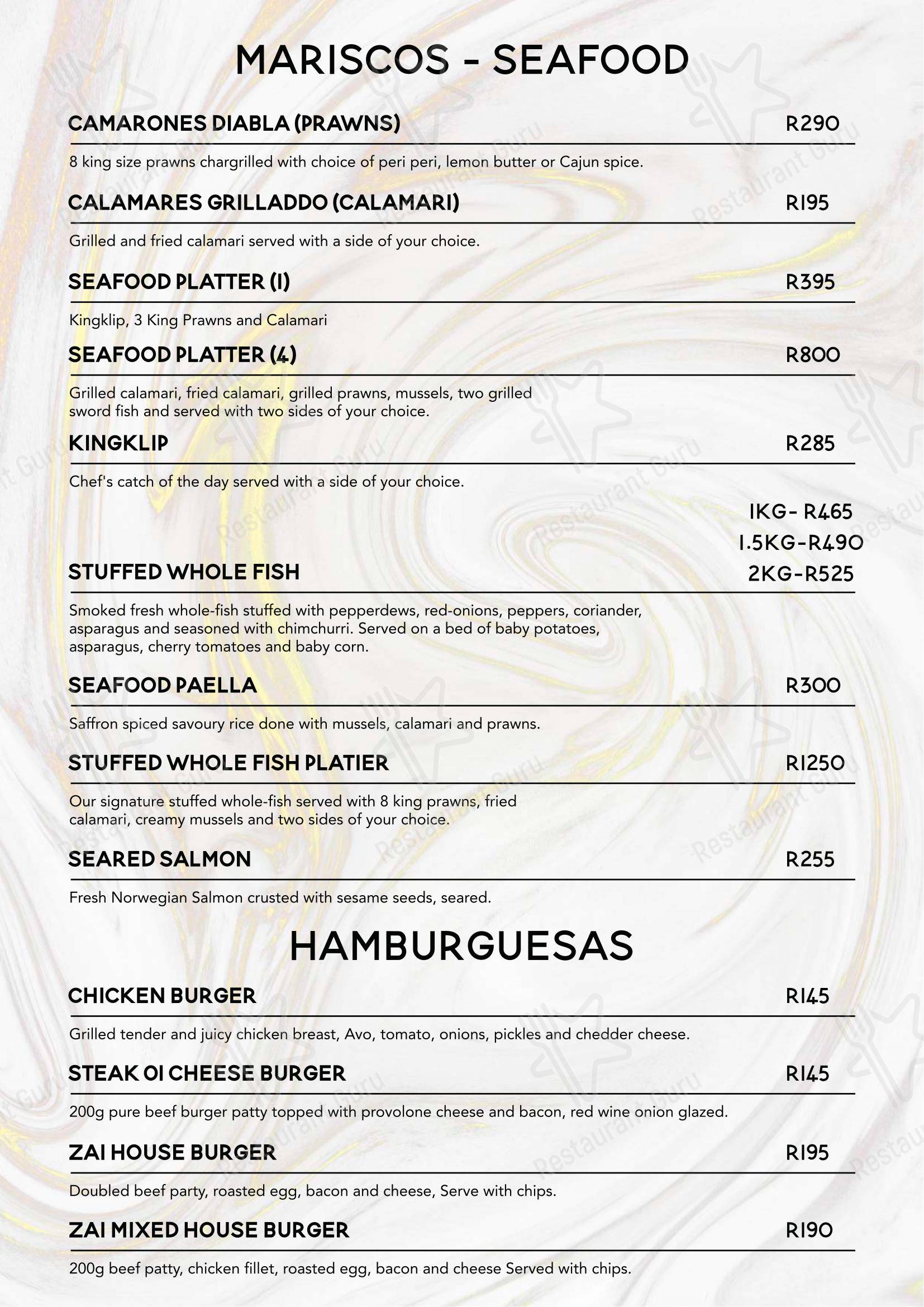 Menu at Zai Restaurant Durban, Durban
