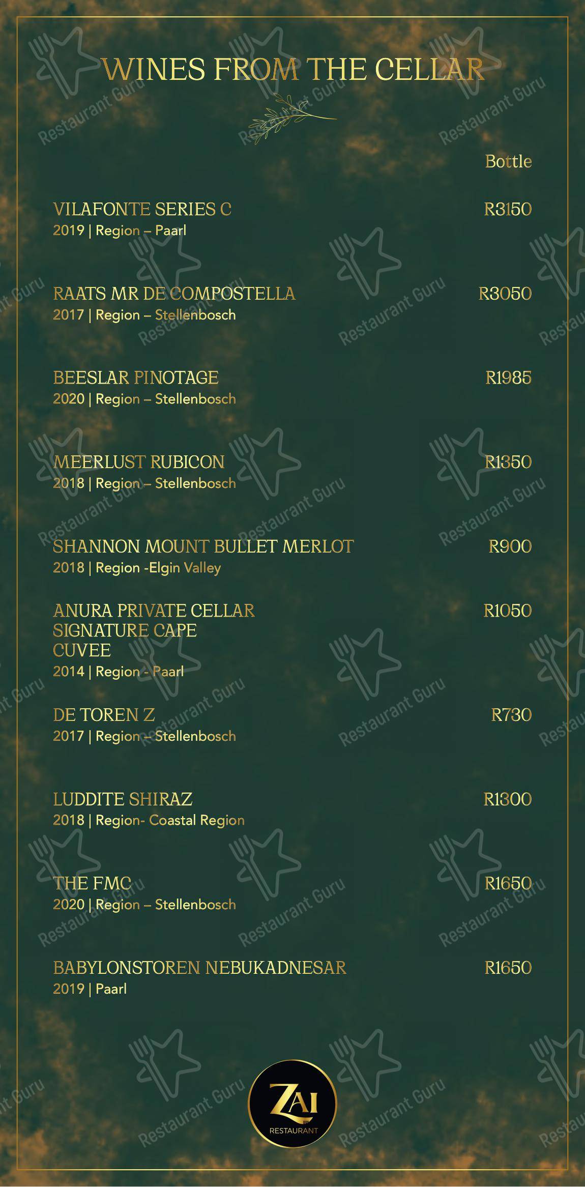 Menu at Zai Restaurant Durban, Durban