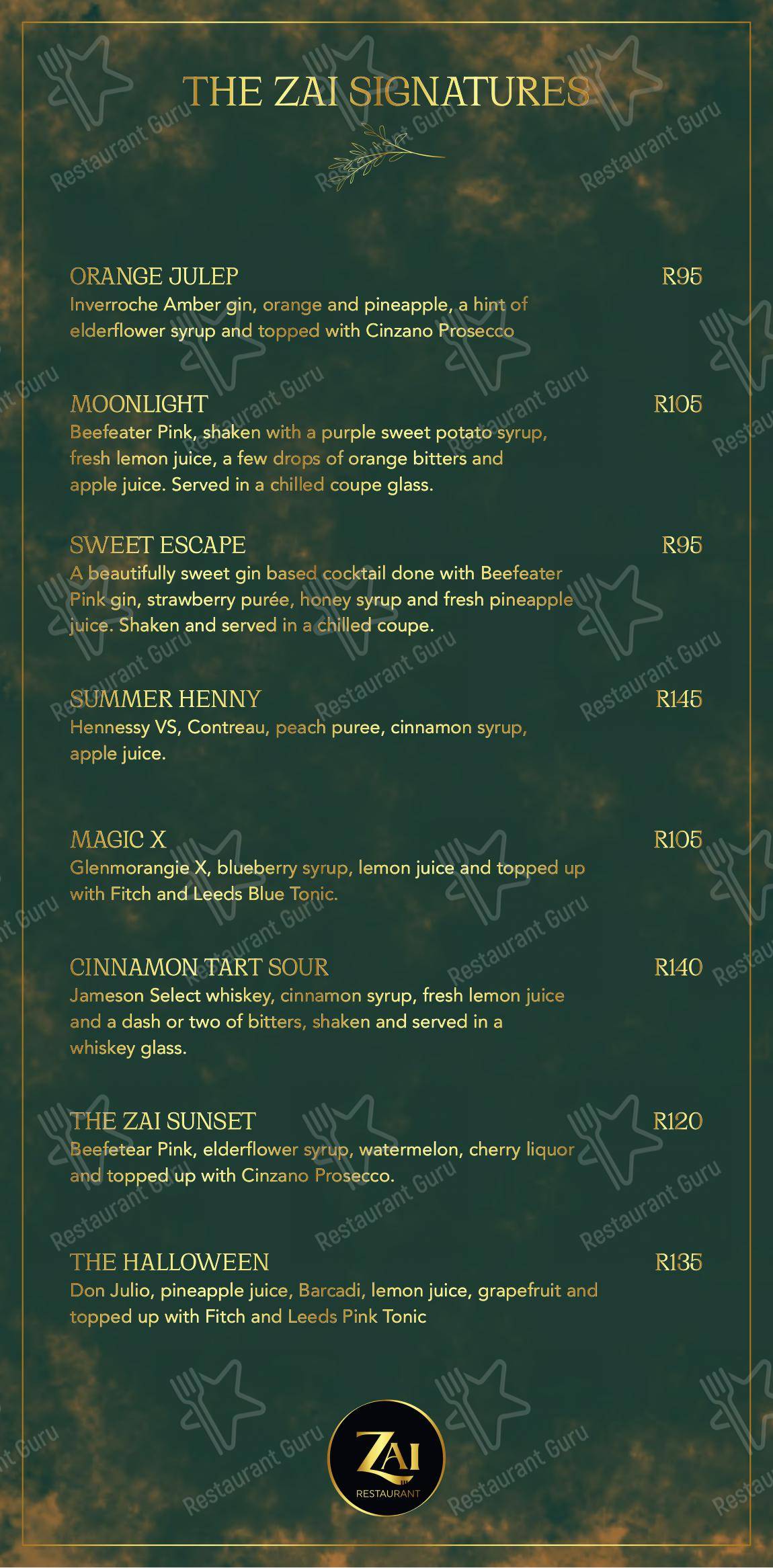 Menu at Zai Restaurant Durban, Durban
