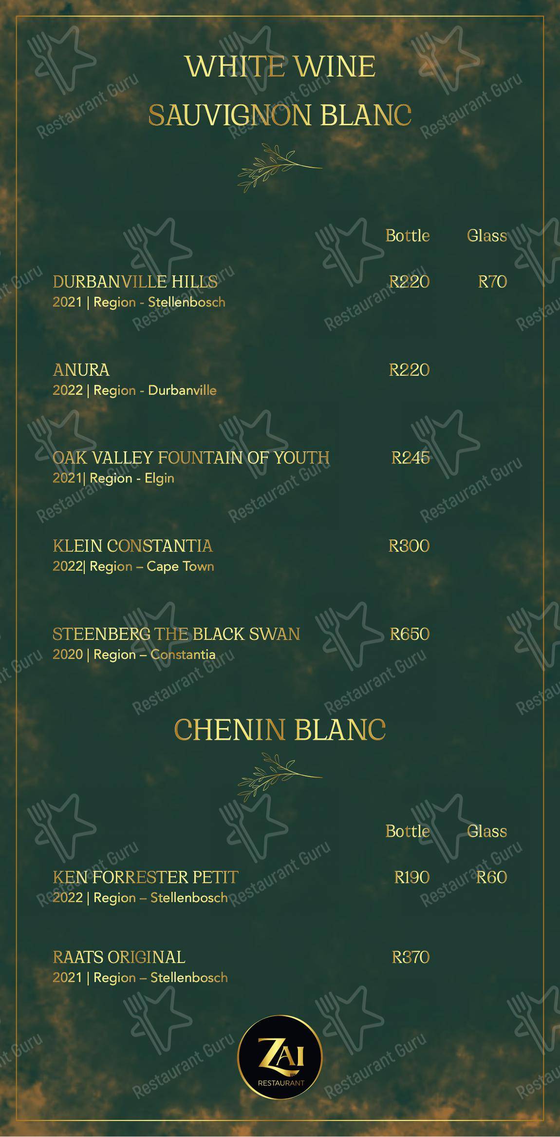 Menu at Zai Restaurant Durban, Durban