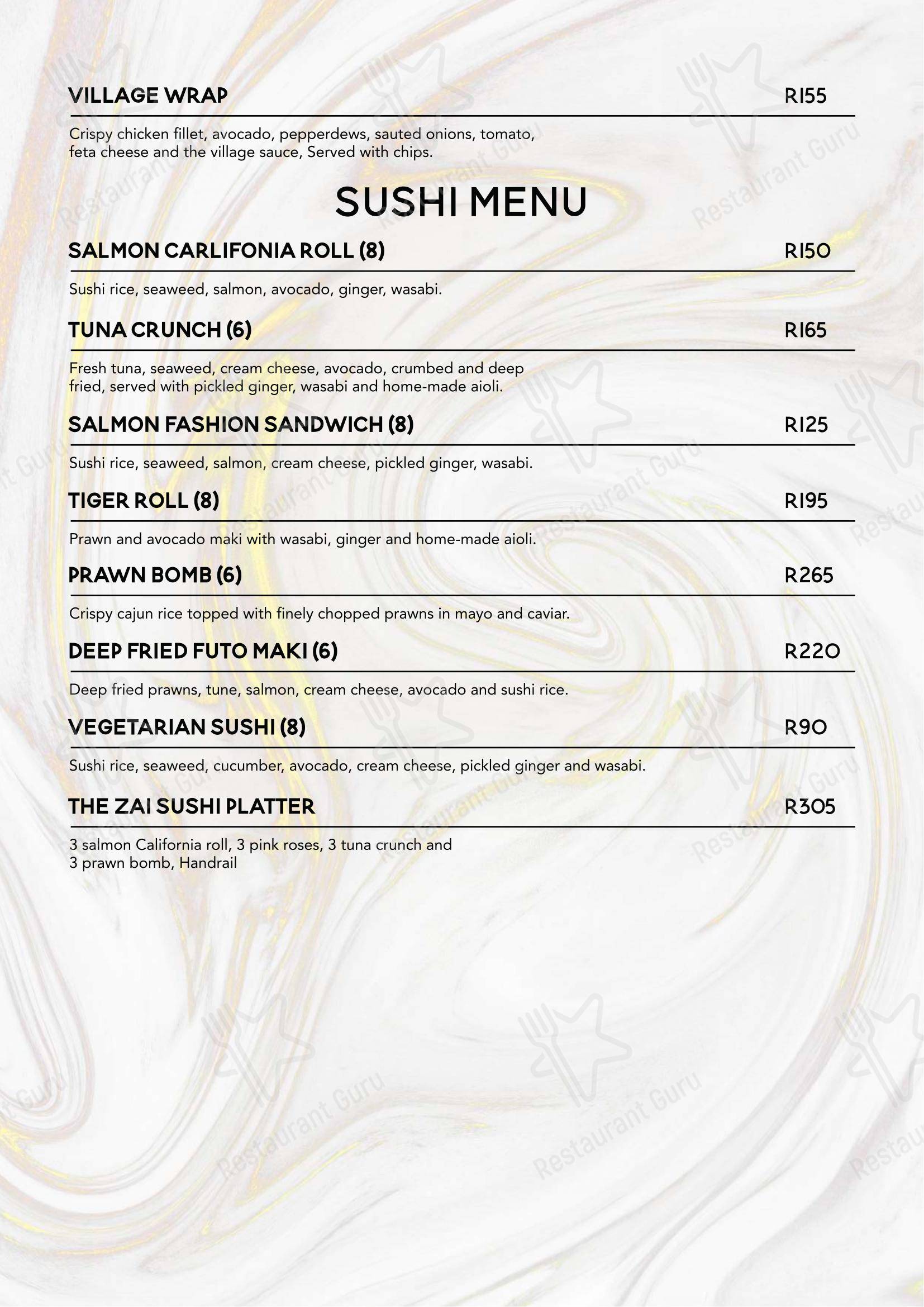 Menu at Zai Restaurant Durban, Durban