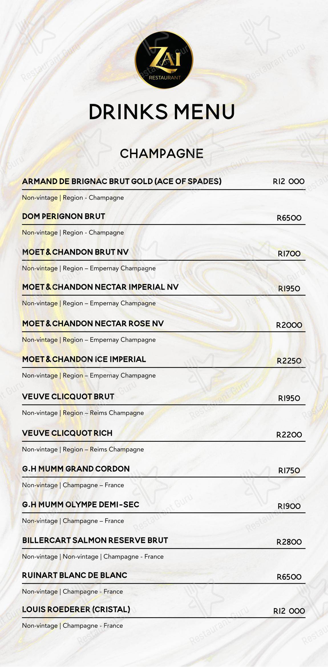 Menu at Zai Restaurant Durban, Durban