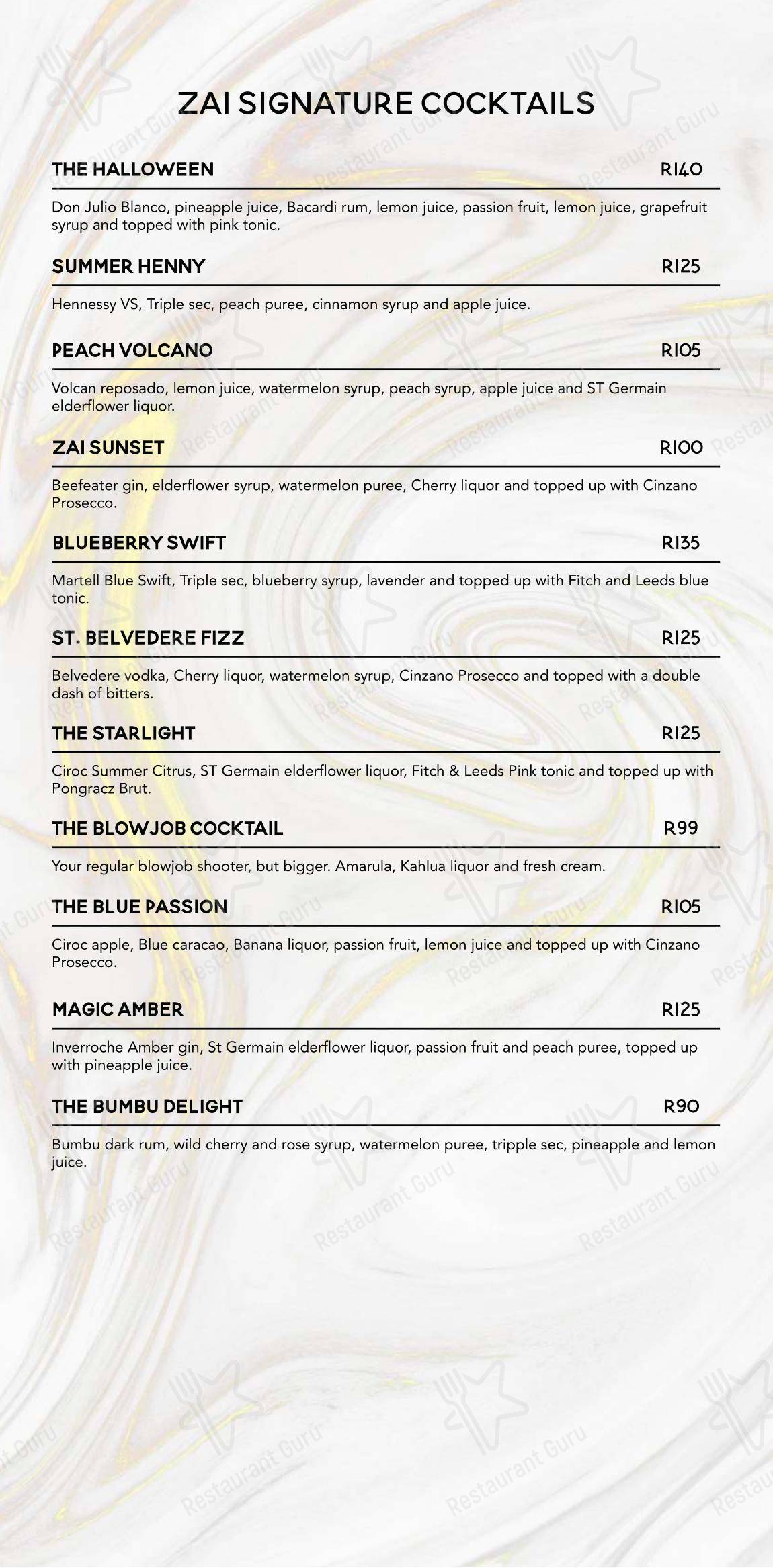 Menu at Zai Restaurant Durban, Durban