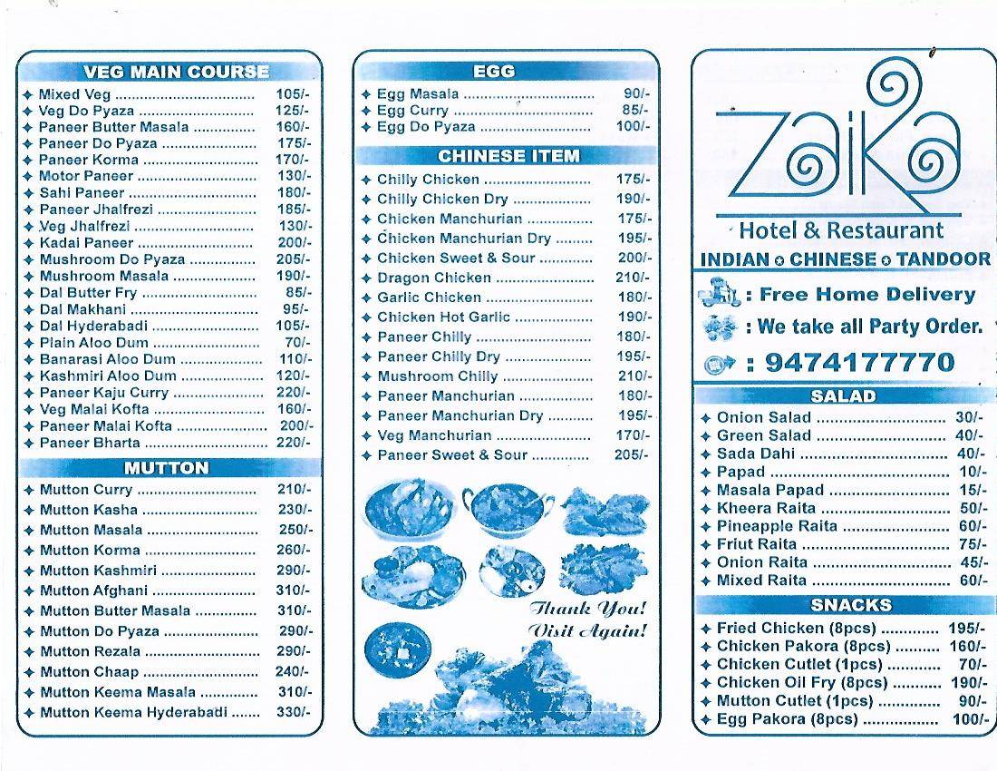 Menu at ZAiKa, Memari