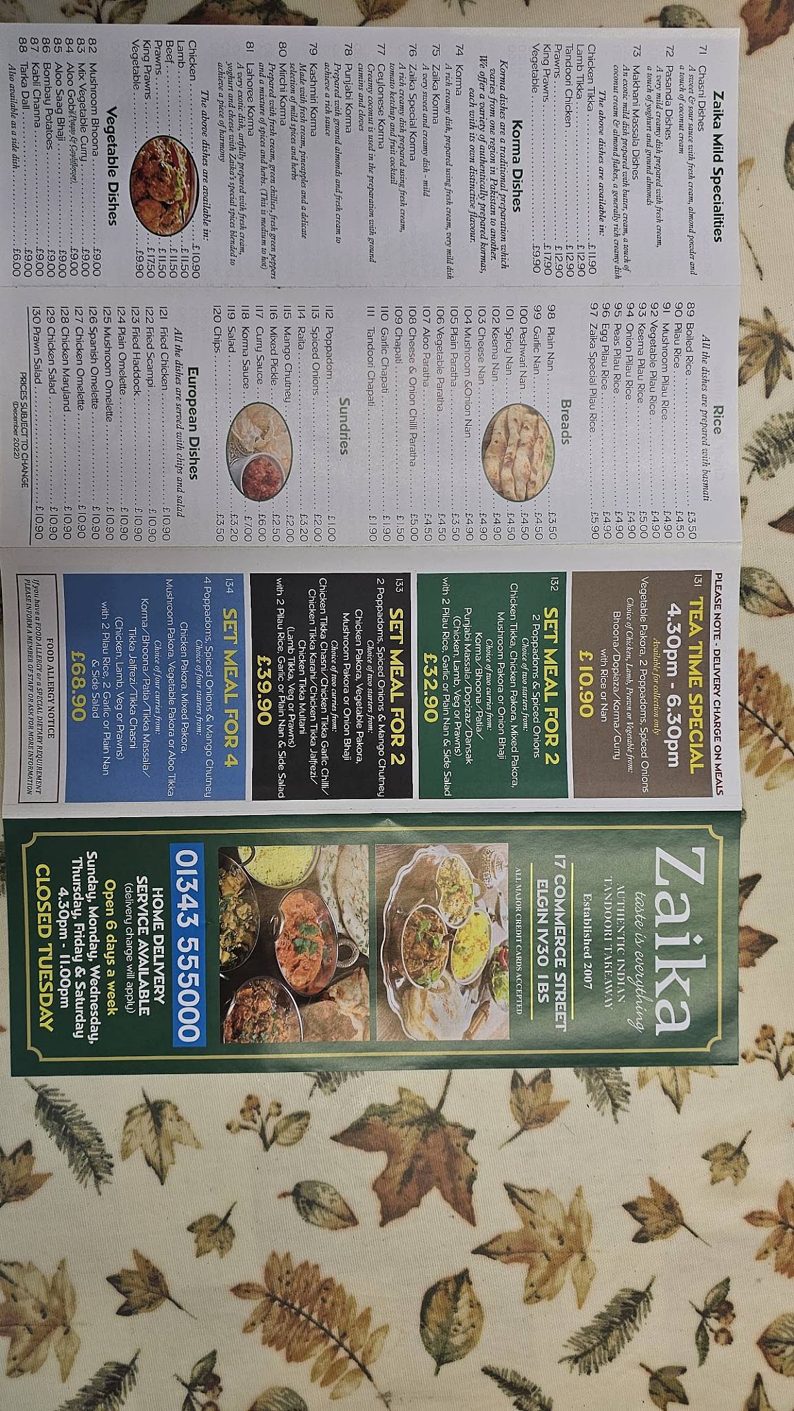 Menu at Zaika restaurant, Elgin