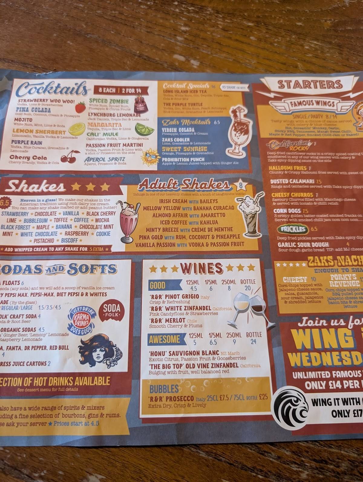 Menu at Zaks Mousehold Diner restaurant, Norwich