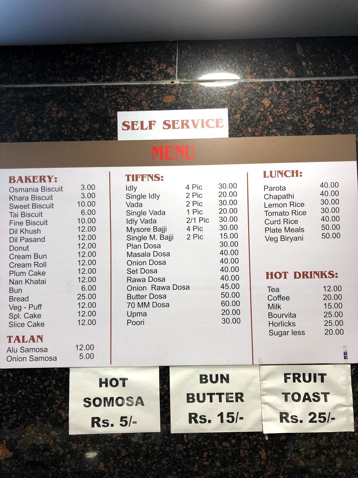 Menu at Zam Zam cafe & Tiffins, Hyderabad