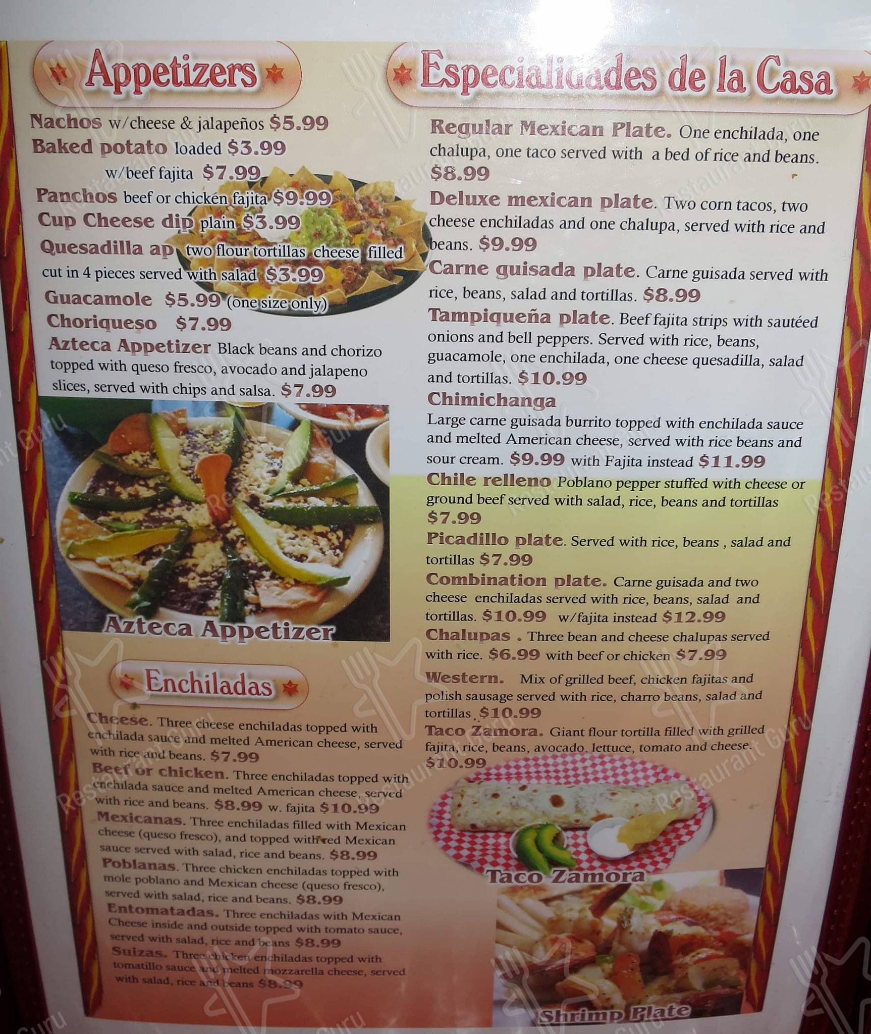 Menu at Zamoras' Restaurant, McAllen, N 23rd St